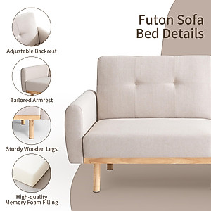 Hcore Convertible Futon Bed Couch, 79" Inch Linen Fabric Memory Foam Mid Century Modern Sleeper Armrest, Small Splitback Loveseat Sofa Cama Sofabed, Beige