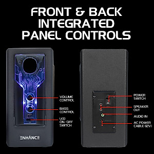 ENHANCE SB 2.1 Computer Speakers with Subwoofer - Blue LED Gaming Speakers, Computer Speaker System, AC Powered & 3.5mm, Volume and Bass Control, Compatible with Gaming PC, Desktop, Laptop