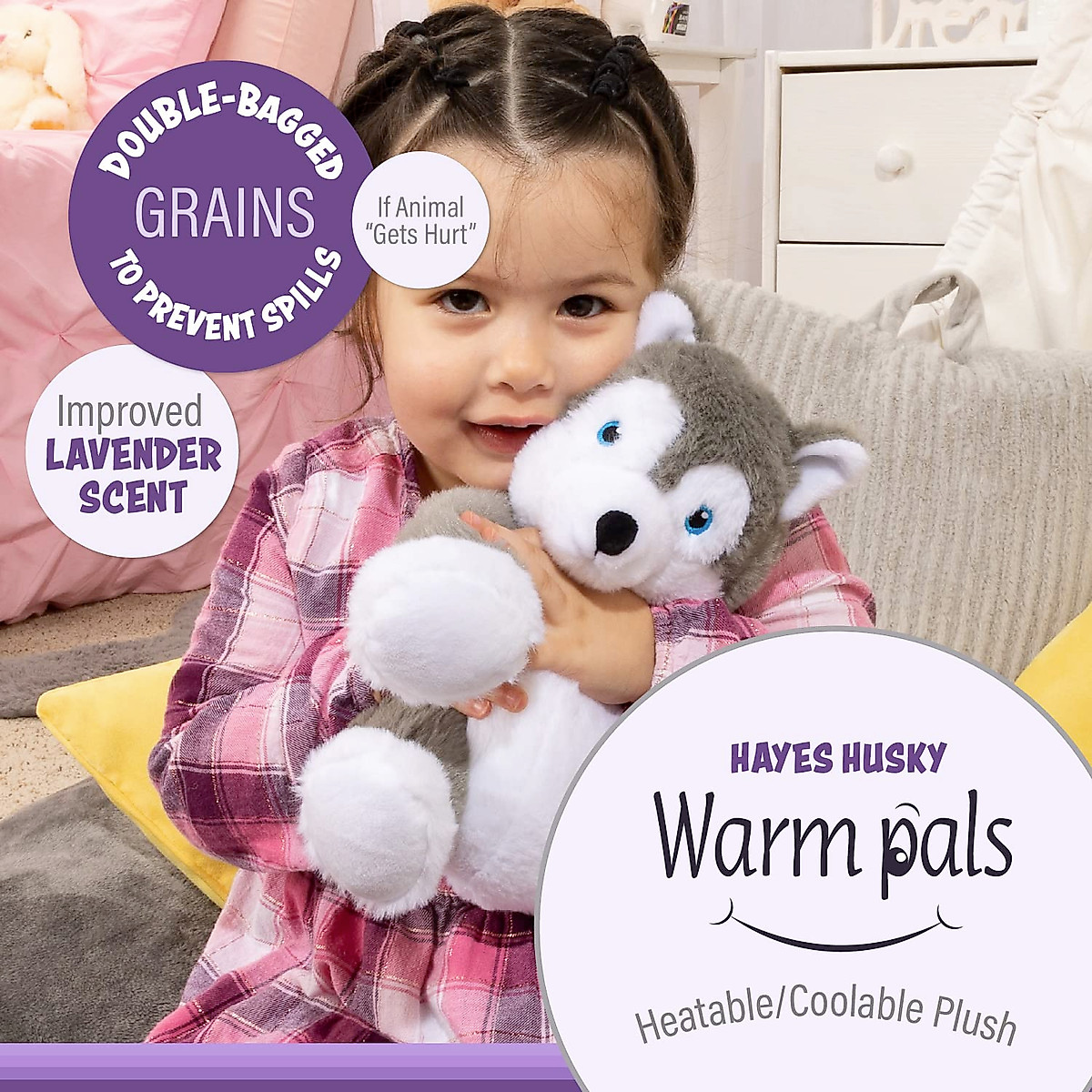 Warm Pals - Hayes Husky - 1.5lbs - Cozy Microwavable Lavender Scented Plush Toys - Heated Stuffed Animal - Heatable Coolable Bedtime Comfort Plushie