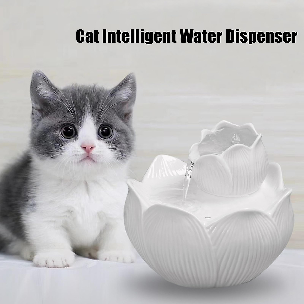 Topjia Lotus Ceramic Cat Drinking Water Fountain, Pet Ultra Quiet Intelligent Drinking Machine,USB Electric Water Dispenser,Tabletop Fountains Decoration for Home Office(6.9x5.8in, Pink)