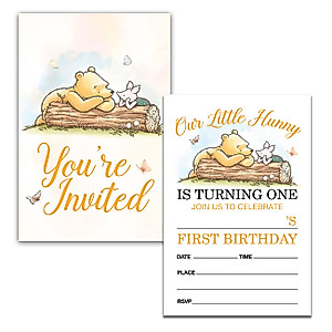Dolimifa Classic Winnie the Pooh 1st Birthday Invitations Fill in Style Our Little Hunny is Turning One First Birthday Invites, 20 Count With Envelopes
