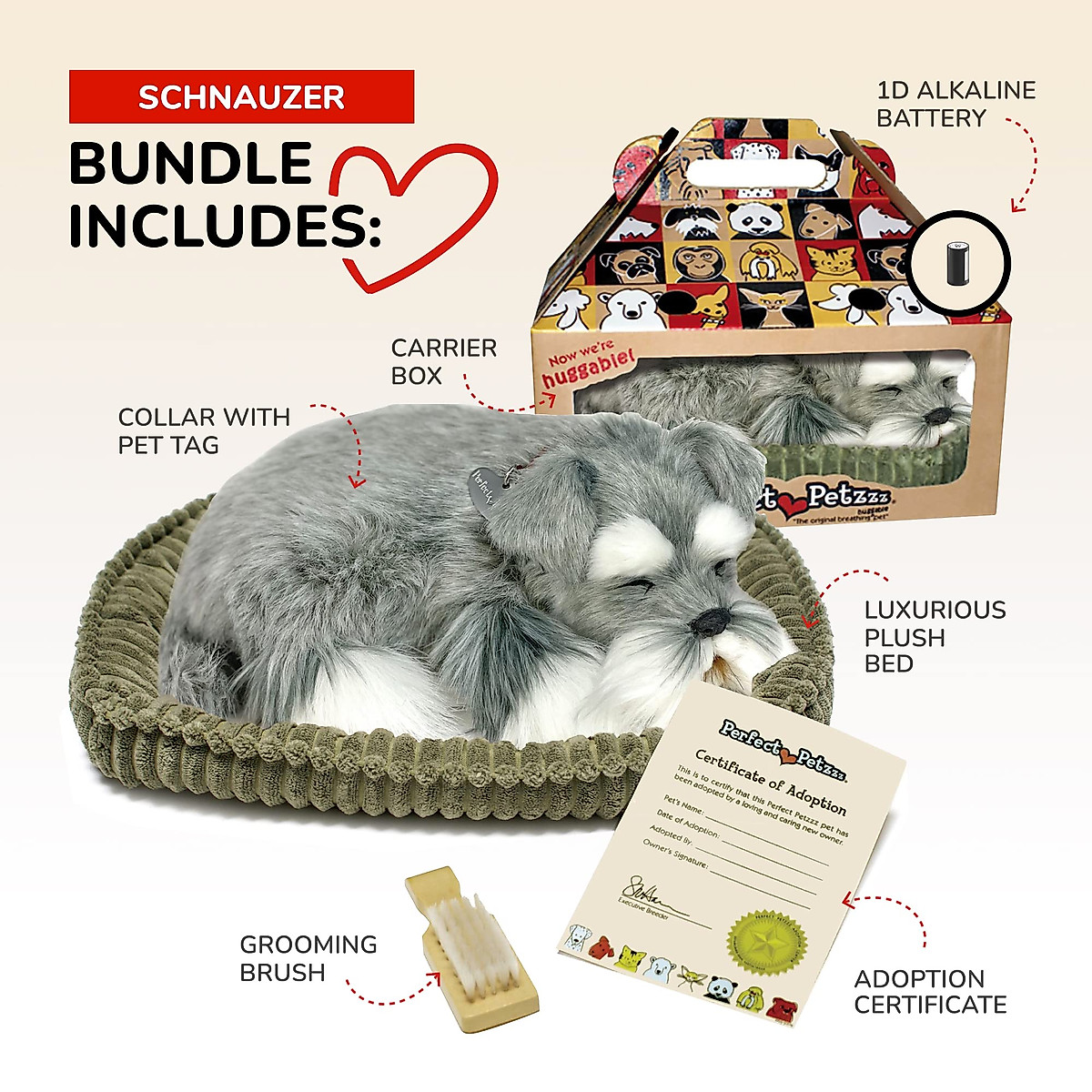 Original Petzzz Schnauzer, Realistic Lifelike Stuffed Interactive Pet Toy, Companion Pet Dog with 100% Handcrafted Synthetic Fur