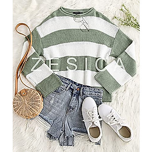 ZESICA Women's 2023 Fall Long Sleeve Crew Neck Striped Color Block Comfy Loose Oversized Knitted Pullover Sweater,Green,Small