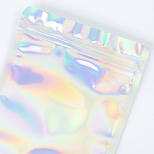 QQ Studio Pack of 100 Windowed or Double Sided Holographic Stand Up Packaging Bags with QuickQlick™ Seal for Food and Snacks (Clear & Silver Base Hologram, 11x16cm (4.3x6.3"))