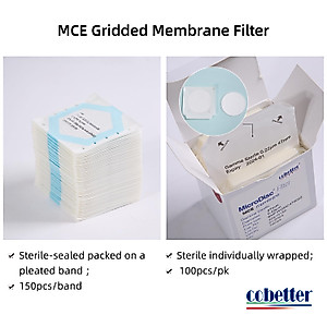 COBETTER 100 Pack MCE Gridded Membrane Filter Sterile 47 mm Diameter and 0.45um Pore Size Mixed Cellulose Esters Membrane Disc Filter Individual Pack