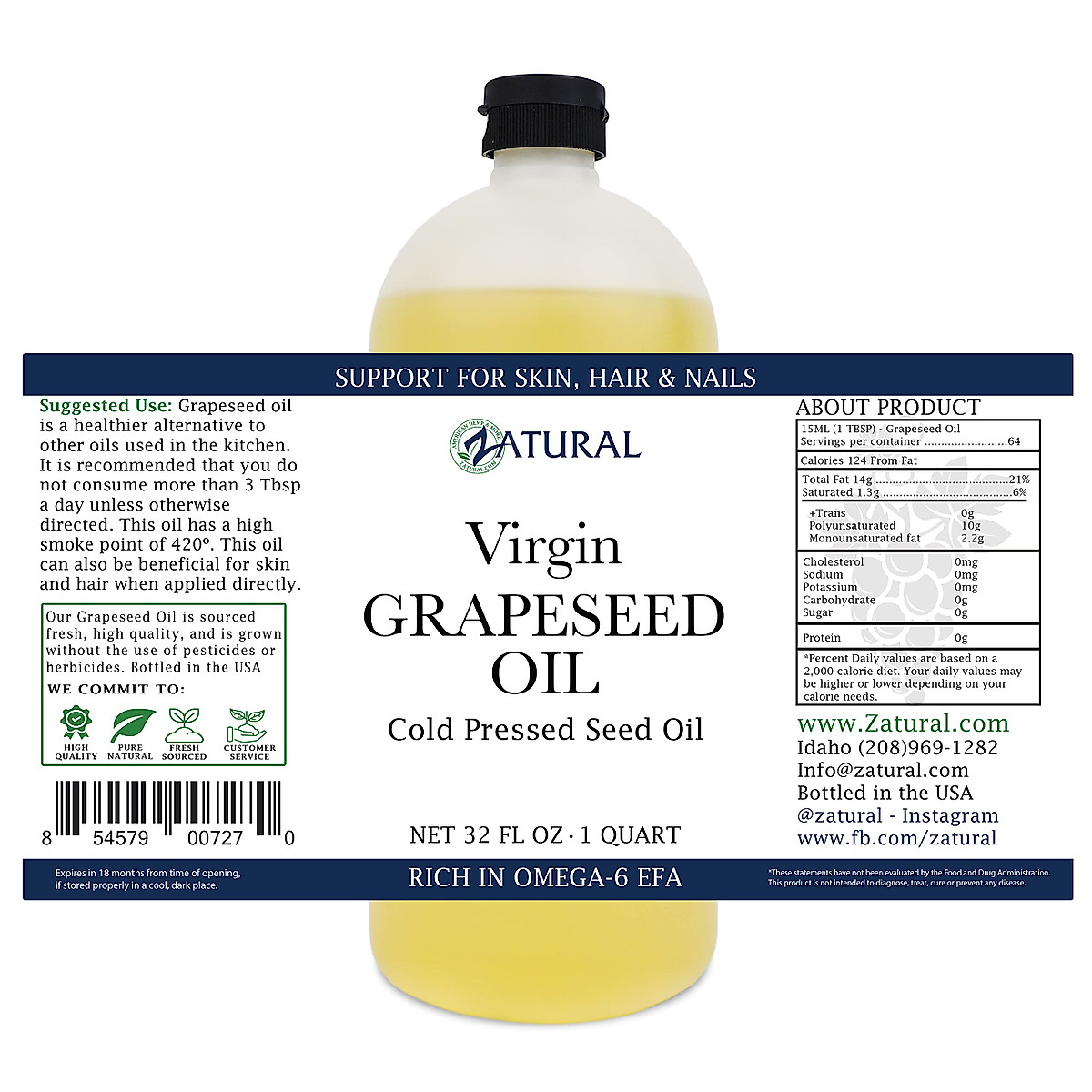Zatural Grapeseed Oil Organically Grown 100% Pure Cold Pressed Virgin High Tempurature Cooking Oil (32oz)