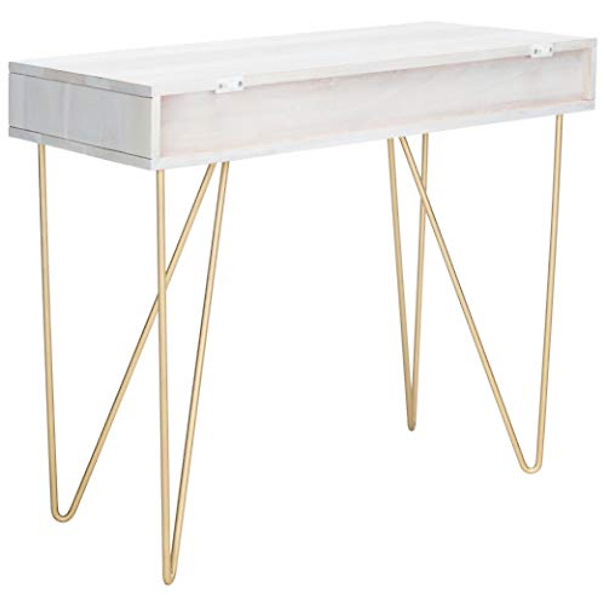Safavieh Home Office Collection Raveena White Wash and Brass 1-Drawer Hairpin Leg Desk, 0