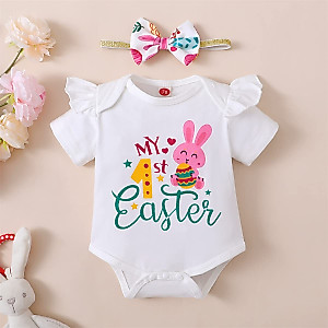 Vedext Baby Girl Easter Outfits Short Sleeve Rabbit Romper Bodysuit+ Bunny Suspender Skirt +Bunny Headband Newborn Girl Easter Clothes (Rabbit White, 0-3 Months)