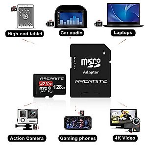 ARCANITE 128GB microSDXC Memory Card with Adapter - A2, UHS-I U3, V30, 4K, C10, Micro SD, Optimal Read speeds up to 95 MB/s