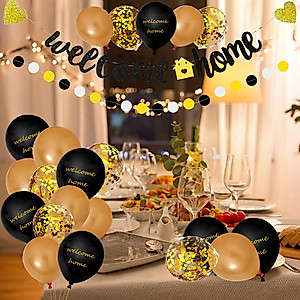 Welcome Home Banner And Cake Topper Decorations Gold Black Glitter Dot Circle Garland Triangle Flag Banner Welcome Balloons For Welcome Back Party Housewarming Party Supplies