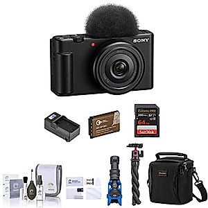 Sony ZV-1F Vlogging Camera, Black Bundle with 64GB SD Card, Shoulder Bag, Shotgun Mic, Tripod, Extra Battery, Charger, Cleaning Kit