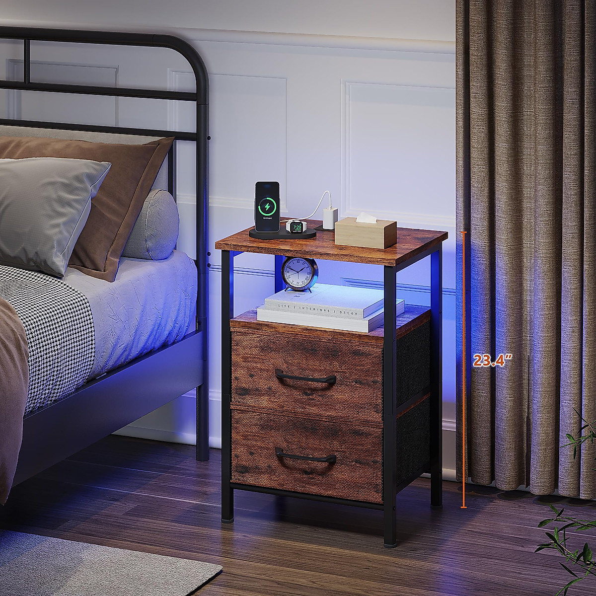 TRIFEBLE Nightstands Set of 2, Night Stand with Charging Station and Led Lights, Bedside Table with 2 Fabric Drawers for Bedroom, Small Side End Table with Open Shelf, Rustic Brown