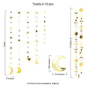 Cheerland Gold Star Moon Hanging Decorations Moon Garland Crescent Star Streamer for Kids Room Decor Birthday Ramadan EID Mubarak Wedding Fortune Teller Celestial Party Supplies - Pack of 10