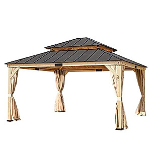 YOLENY 13' x 15' Solid Spruce Wood Gazebo, Hardtop Gazebo with Coated Wood Frame, Waterproof Asphalt Double Roof, Nettings and Curtains for Lawns, Gardens, Decks, and Patios