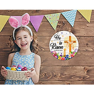 SICOHOME He is Risen Door Sign 11.5" Farmhouse Easter Cross Wreath Sign for Front Door Religious Easter Door Hanger Sign for Home Wall Farmhouse Porch Indoor Outdoor Spring Decor Supplies