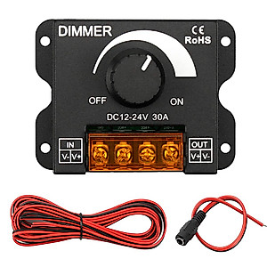 InduSKY Upgraded LED Dimmer PWM DC 12V-24V 30A Lighting Dimming Controller Single Channel + 5M 22AWG Extension Cable for Led Strips 3528 5050 Single Color + DC 12V Plugs Female Connector