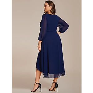 Ever-Pretty Women's A Line Pleated V Neck Midi Plus Size Wedding Guest Dresses for Curvy Women Navy Blue US26
