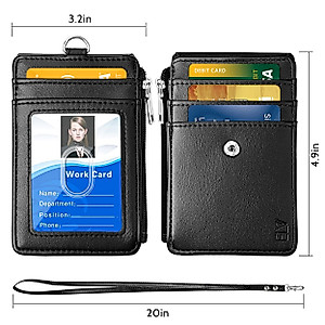 ELV Badge Holder with Zipper, PU Leather ID Badge Card Holder Wallet with 5 Card Slots, 1 Side RFID Blocking Pocket and 20 inch Neck Lanyard Strap for Offices ID, School ID, Driver Licence (Black)