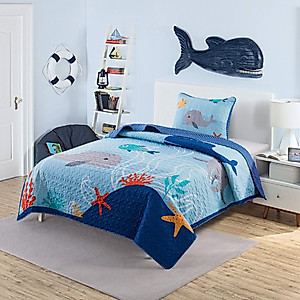 Soul & Lane Ocean Explorer Quilt Set - Twin Size with 1 Sham, Kids Ocean Themed Quilted Bedspread with Whales and Sea Life, Lightweight Nautical Bedding for Toddlers and Kids