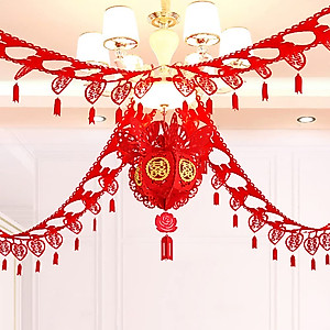 2 Pcs Chinese Traditional Wedding Decoration Supplies Red Hi Word Pull Flowers Hanging Ornament, Felt 3 Meters Pull Hi Wedding Festive Wedding Room Decoration Essential Supplies