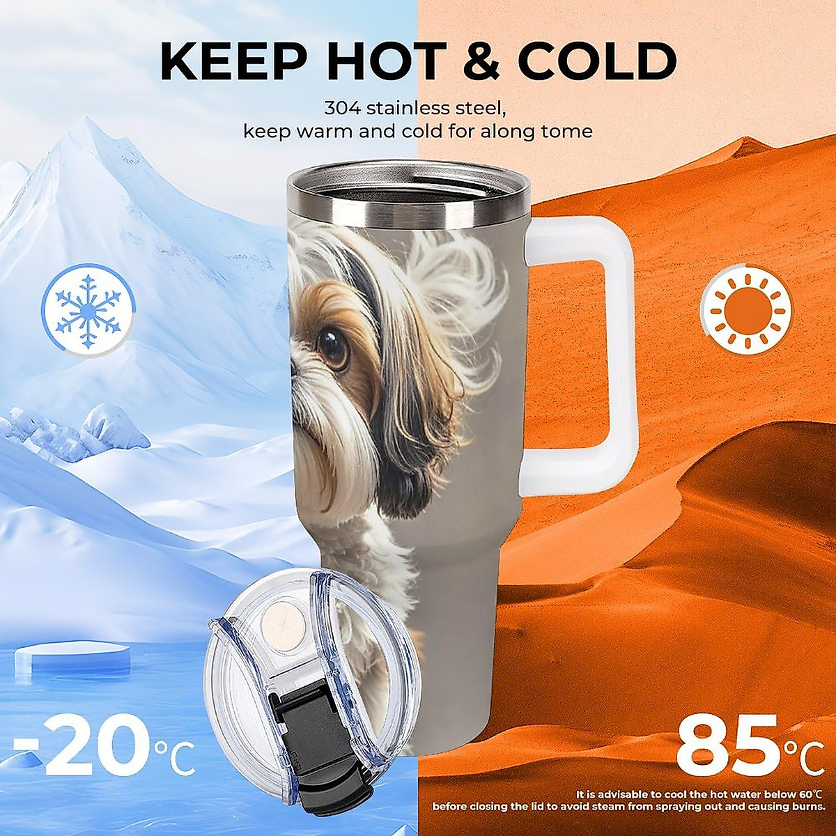 DWVSFJM Shih Tzu Dog Insulated Tumbler 40 Oz Stainless Steel Double Wall Vacuum Travel Mug Large Capacity Car Cup Reusable Coffee Cup with Handle And Straw Lid Gifts White