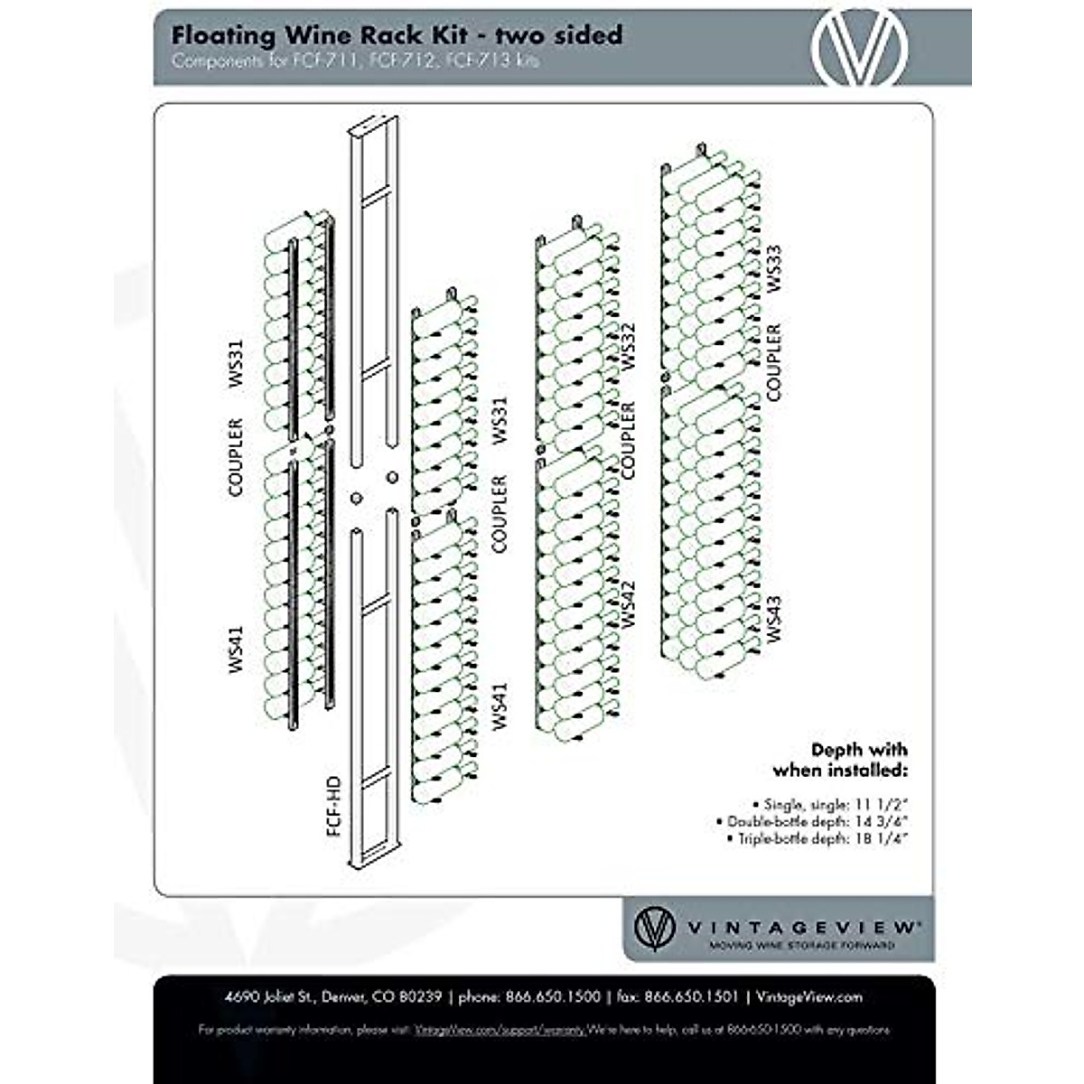 VintageView W Series Two-Sided Floating Wine Rack Kit (42 Bottles, Satin Black) Stylish Modern Wine Storage with Label Forward Design