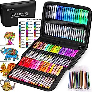 Soucolor Gel Pens for Adult Coloring Books, Deluxe 120 Pack-60 Colored Gel Pens, 60 Refills and Travel Case, with 40% More Ink Gel Art Markers Set for Drawing Journaling Scrapbooking Art Kit Supplies