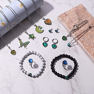 LOLIAS 15Pcs Mood Rings with Mood Necklaces Bracelets and Earrings, Adjustable Temperature Sensing Color Changing Mood Rings, Metal, No Gemstone