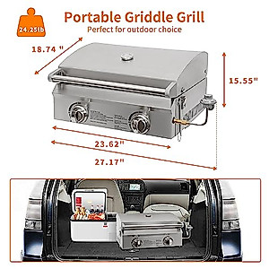 Hykolity 20 in. Portable Propane Grill, 20,000 BTU Stainless Steel Tabletop Propane Gas Grill with Travel Locks, Built in Thermometer, Propane Grill for Camping, Outdoor, Cooking, Tailgating