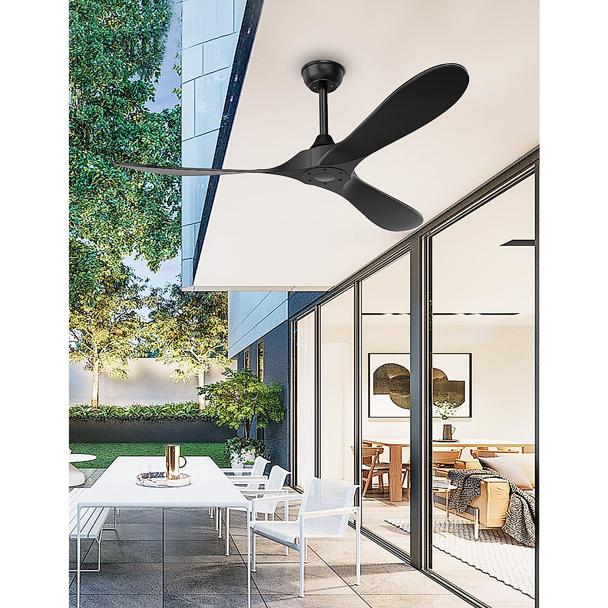 BECLOG Ceiling Fan With Remote Control,Indoor/Outdoor Ceiling Fans with Noiseless DC Motor and 3 Downrods.60inches,Ceiling Fans No Lights Plastic Fan Blade Black