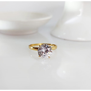 Hoops & Loops Yellow Gold Flashed 925 Sterling Silver 3.0ct Round Brilliant Cut Cubic Zirconia Solitaire Engagement Bridal Wedding Statement Band Ring for Women, Size 7