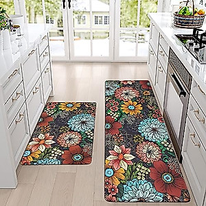 ASPMIZ Boho Kitchen Rugs Set of 2 Non Slip Washable, Farmhouse Floral Kitchen Mats Cushioned Anti Fatigue, Waterproof Rugs for Kitchen Floor Mats for in Front of Sink, 18'' x 48'' + 18'' x 30''