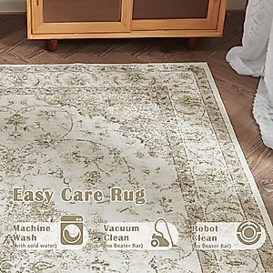 jinchan Washable Area Rug 8x10 Low Pile Living Room Vintage Rug Stain Resistant Floral Medallion Distressed Carpet Ultra-Thin Non Slip Indoor Carpet for Kitchen Bedroom Dining Room Farmhouse Taupe