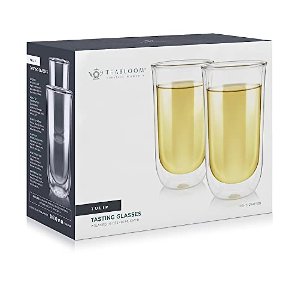 Teabloom Tulip Large Insulated Glasses for Iced Tea, Cold Brew Coffee and Other Beverages - Double Walled Borosilicate Glass Keeps Drinks Cold/Hot - 16 oz (Set of Two)