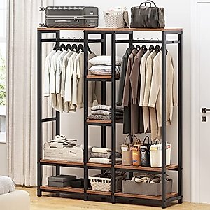 DlandHome Free Standing Closet Organizer, Heavy Duty Garment Rack with Storage Shelves Wardrobe Closet Storage with Shelves with 2 Rods Large Clothing Rack for Hallway, Bedroom