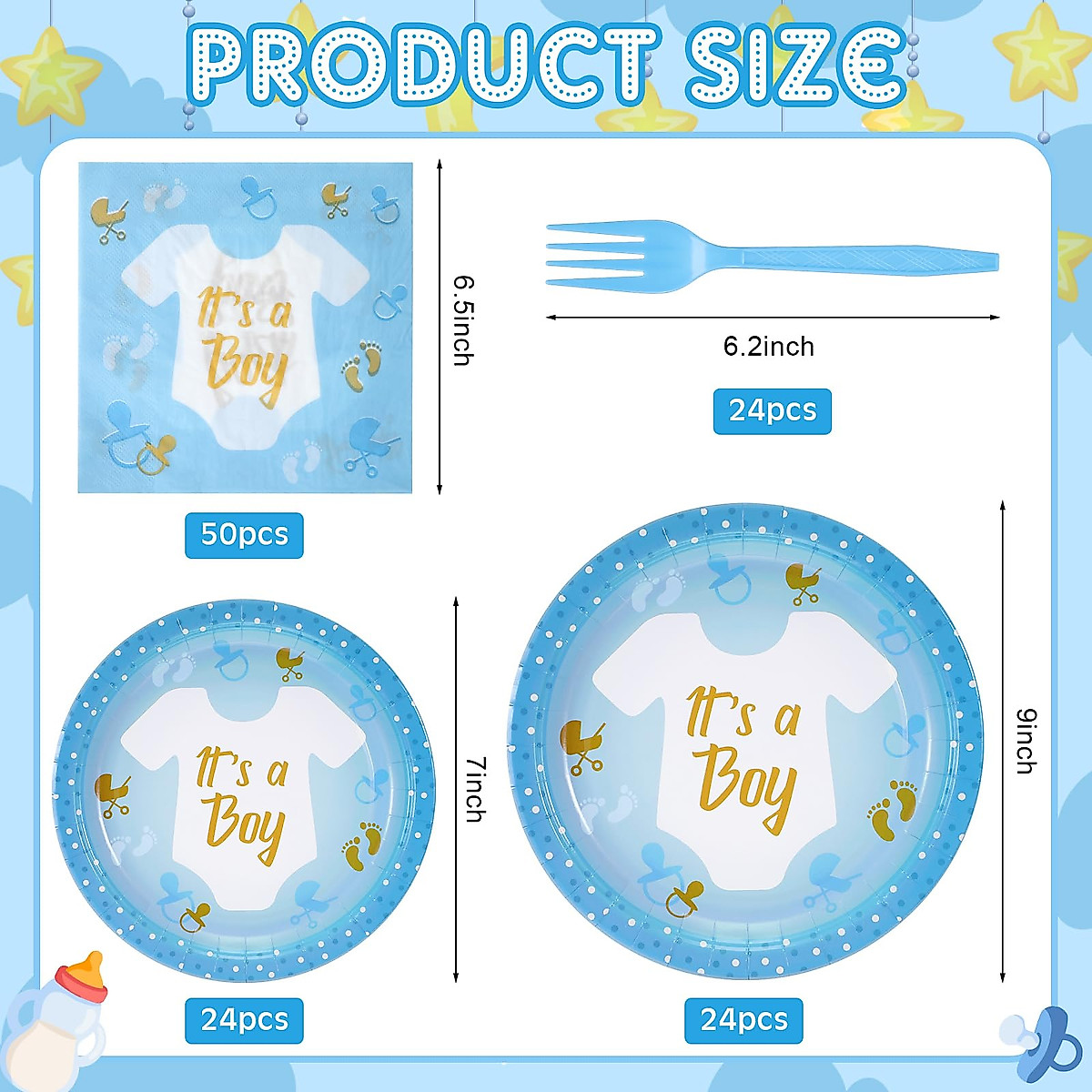 Tanlade 24 Sets Boy Baby Shower Plates and Napkins It's a Boy Plates and Napkins Disposable Baby Shower Party Supplies 48 Paper Plates 24 Forks 50 Napkins for Boys Gender Reveal Birthday