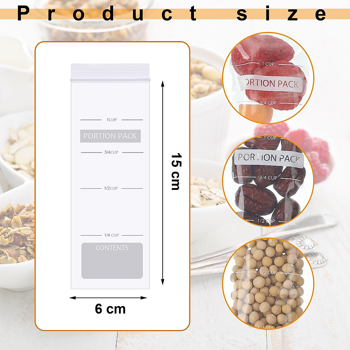 Fuyoooo 200 Count 2.4 x 5.9 Inch Portion Control Storage Bags Plastic Clear Reclosable Zip Poly Bags with Lock Seal Zipper 1 Full Cup Measurement Lines Easy Macros for Nuts Sweets Supplements