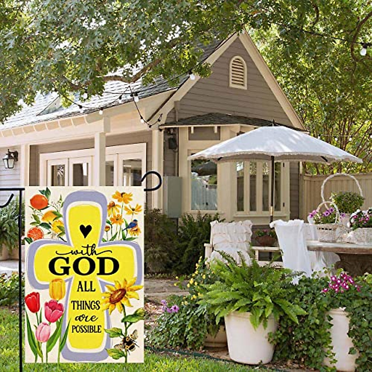 ORTIGIA Spring Easter Garden Flag 12x18Inch With God All Things are Possible Burlap Vertical Double Sided Summer Bee Sunflowers Yard Flag Easter Tulips Seasonal Farmhouse Outdoor Flag