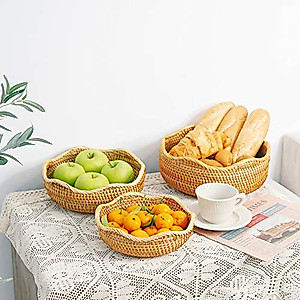 CLAYNIX Woven Fruit Basket For Storage Key Holder Bowl Decorative Wall Bread Vegetable 3 Serving Bowl Set For Organizing Kitchen Natural Rattan Picnic Basket Curve Stackable Set of 3 (Wave)