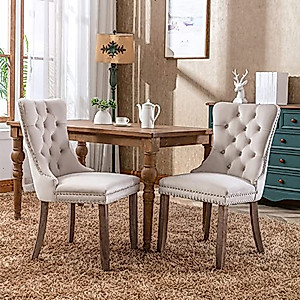 Rhomtree Set of 2 Fabric Dining Chairs Luxury Tufted Back with Nailed Trim and Back Ring Pull Home Kitchen Dining Room Chairs Armless Side Chairs Solid Rubber Wood Legs (Beige)