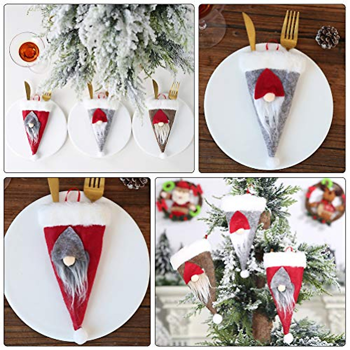 Hemoton 6Pcs Christmas Silverware Holders Pocket Santa Hat Gnome Elf Cutlery Knives Forks Tableware Storage Bag Covers for Xmas Holiday Table Decoration Red Grey