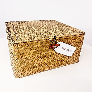 SHEYRAJIIA 3 Pack Cube Seagrass Storage Bins with Lids, Rattan Woven Decorative Storage Boxes, Wicker Storage Baskets for Shelves, Storage Containers for Organizing, Toys, Clothes and Hobby Things