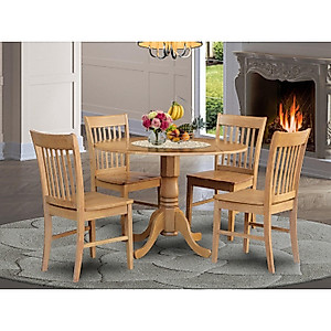 East West Furniture DLNO5-OAK-W 5 Piece Modern Dining Table Set Includes a Round Wooden Table with Dropleaf and 4 Dining Chairs, 42x42 Inch, Oak