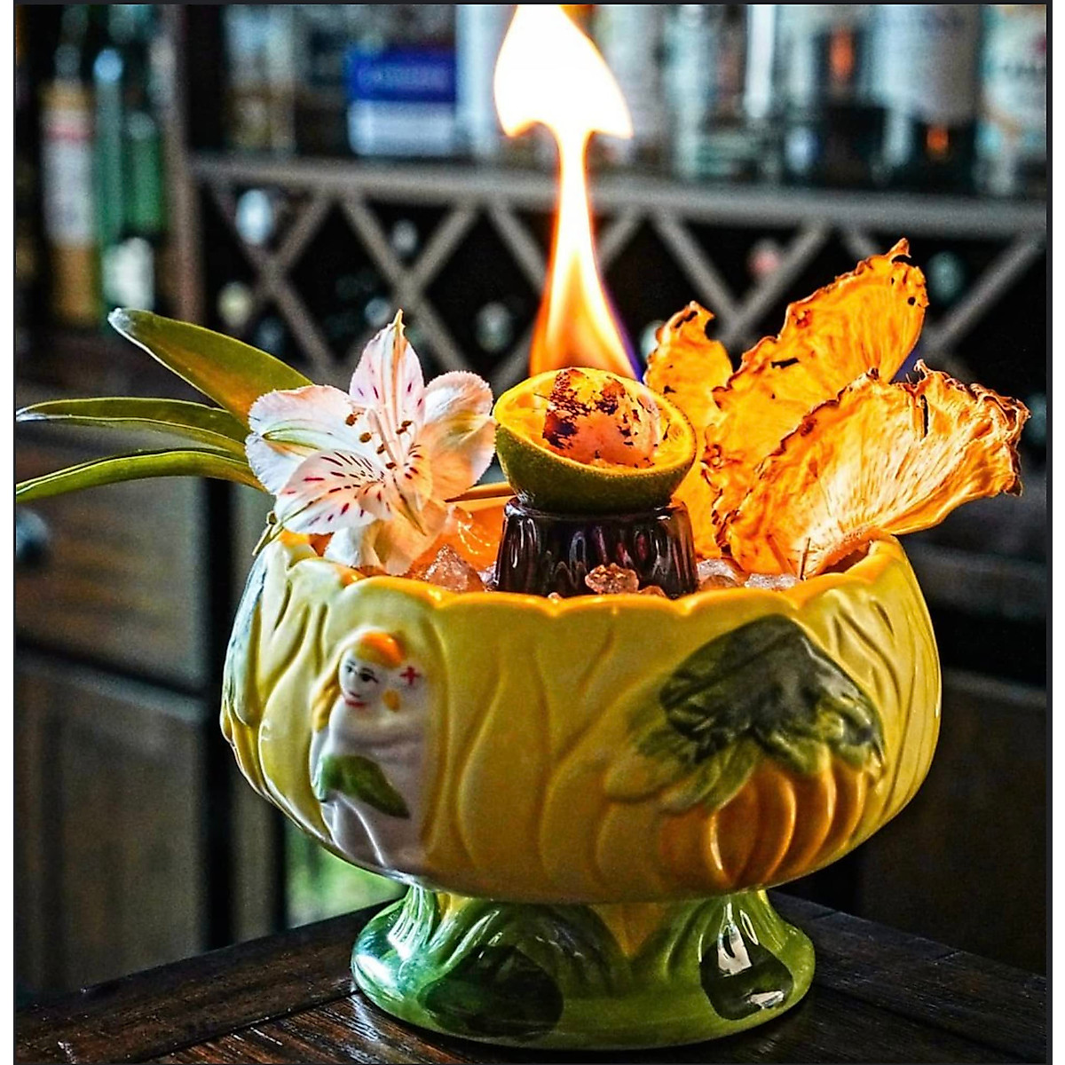 Amehla Scorpion Bowl, 32-ounce Fishbowl Tiki Mug, Hand-Painted Ceramic Island-themed Rum Punch Cocktail Glass with Flaming Volcano Lava Centerpiece