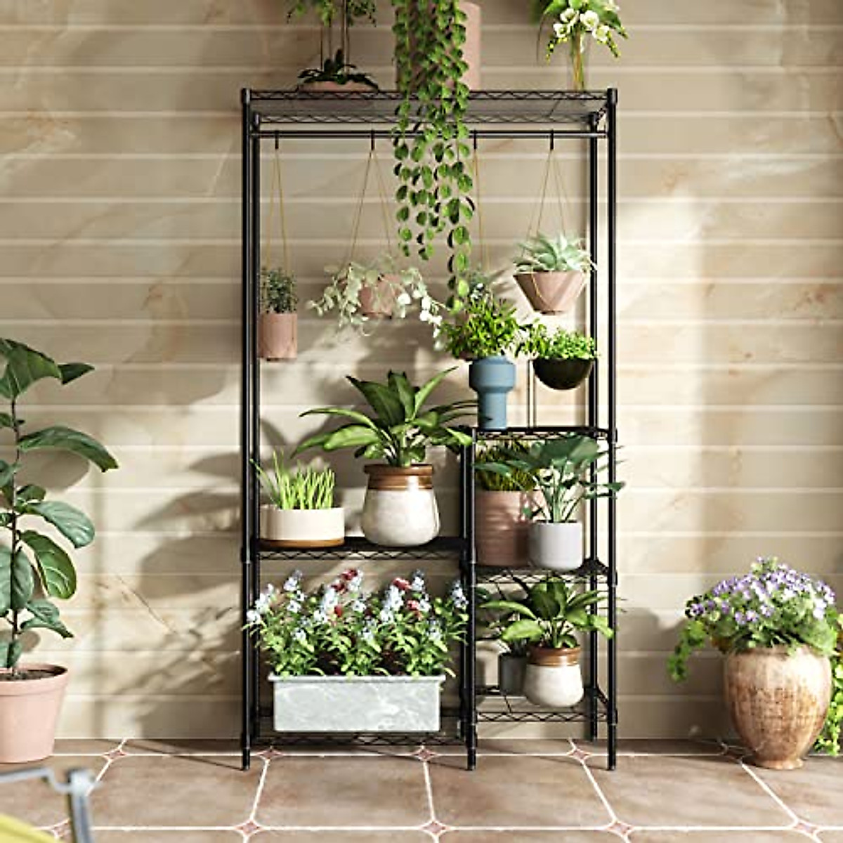 Xiofio Plant Stands for Indoor Plantsd Outdoor Plant Shelf, 6 Tier 16 Pots Flower Pots Holder Storage Shelf Flower Stands With hanger rod for Living Room Balcony and Garden,Black