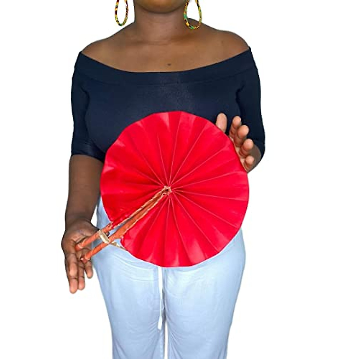 African Fabric Folding Fan/Church fan/Ankara fan/Leather folding fan/Wedding fan/Sport fan/Red African fan/Pouch Included!