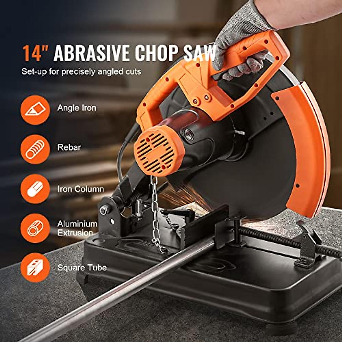 VEVOR Abrasive Chop Saw, 14in / 35cm Blade Cut Off Saw, 2300W 3600RPM Steel Cutting Machine, 0-45 Degrees Adjustable Angle Miter Saw for Cutting Metal Cutting Chop Saw for Steel Rebar Iron Aluminum