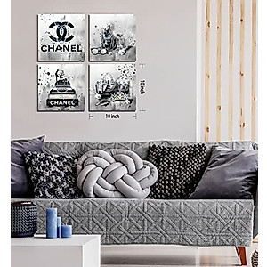 Meetdeceny Fashion Wall-Art For Bedroom Women - Black And White Bathroom Decor Wall Art - Fashion Book Stack Grey Painting Canvas Artwork Size 10"x10" 4 Pieces Ready To Hang