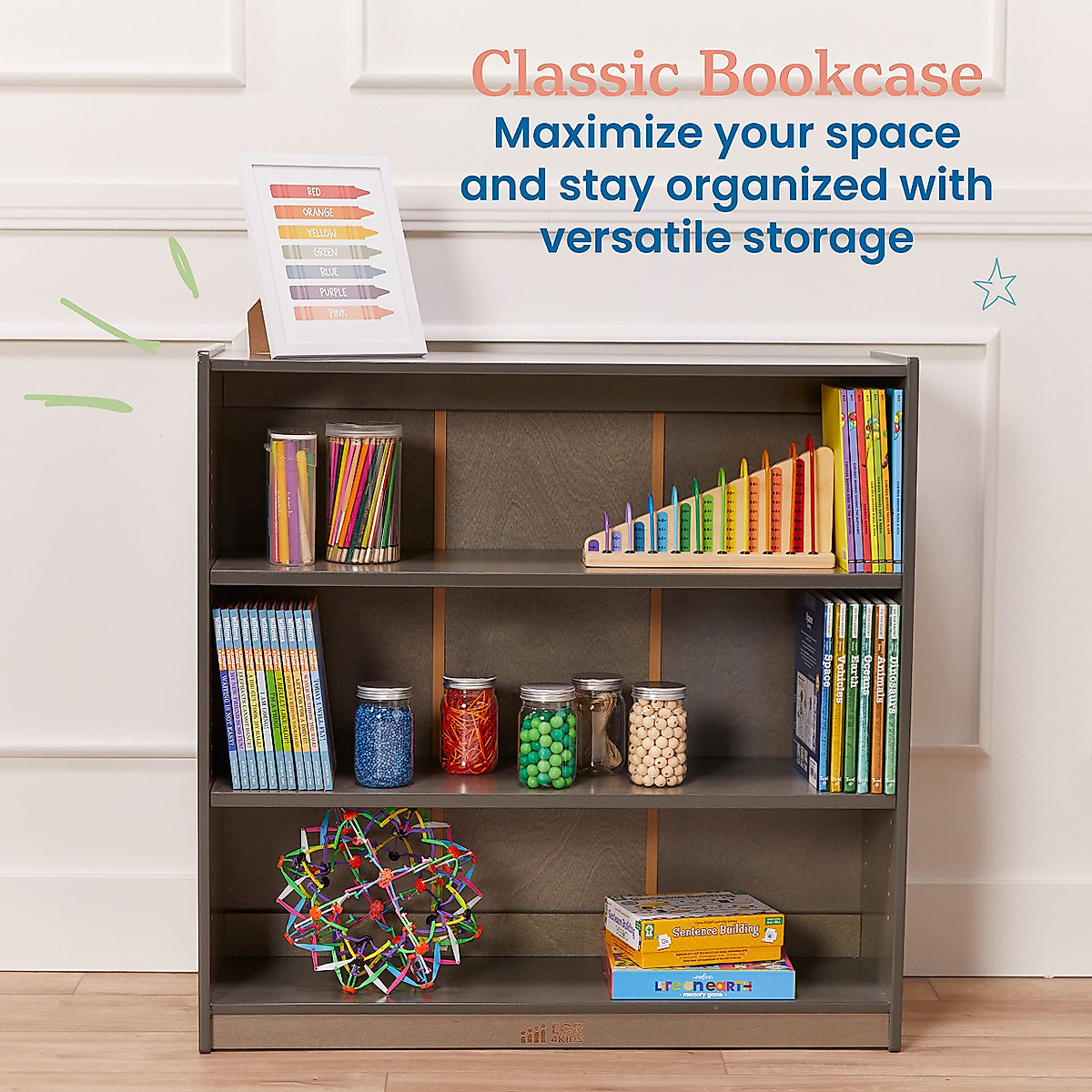 ECR4Kids Classic Bookcase, 36in, Adjustable Shelves, Grey Wash