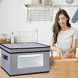 YheenLf 3 Sets China Storage Containers With Lid and Handles, Dinnerware Storage Box for Dishes Plate Storage Containers with 30 Felt Dividers, Hold 30 Plates, 12 x 12 x 8 inches, Grey